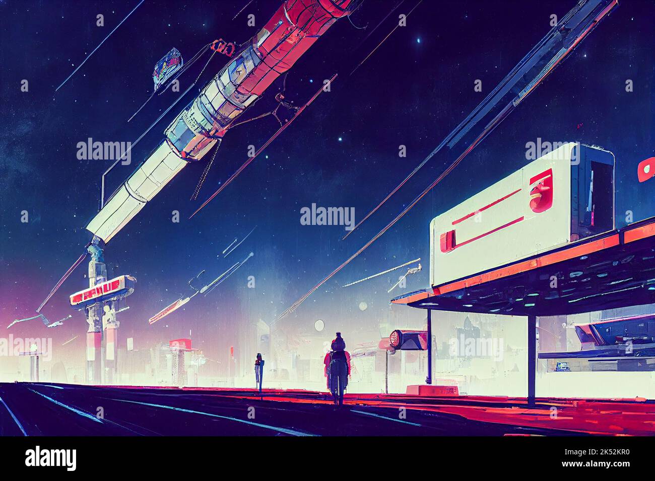 A fantasy colorful illustration of a cyberpunk satellite station in ...
