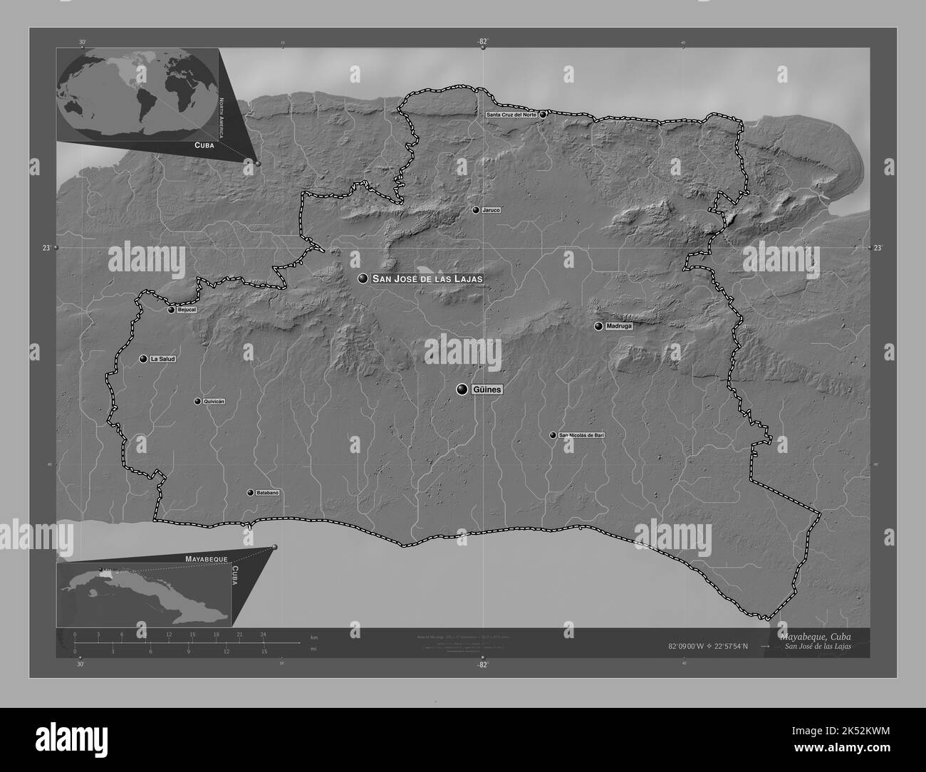 Mayabeque, province of Cuba. Bilevel elevation map with lakes and ...