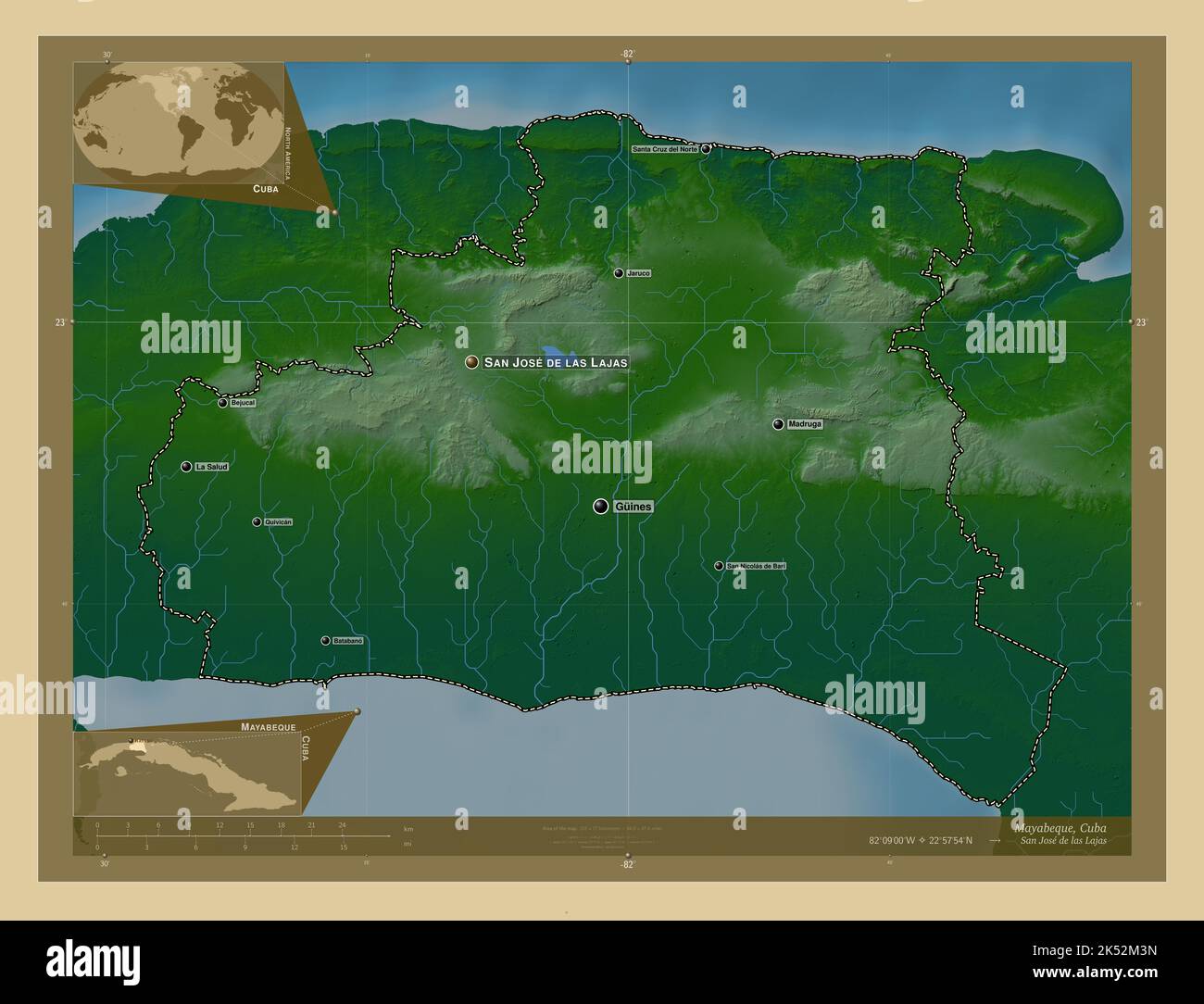 Mayabeque, province of Cuba. Colored elevation map with lakes and ...