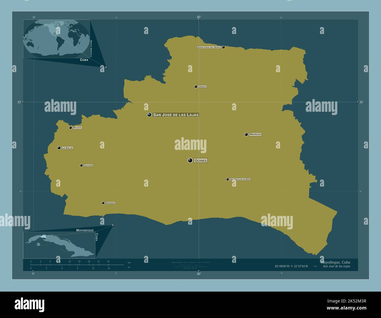 Mayabeque, province of Cuba. Solid color shape. Locations and names of ...