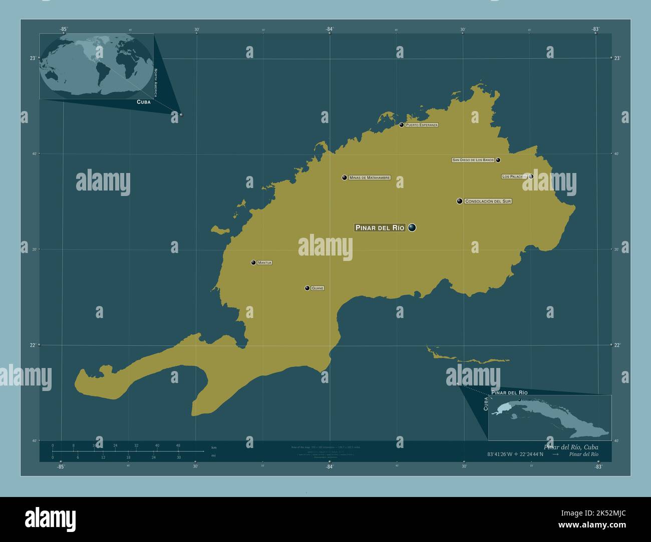 Pinar del Rio, province of Cuba. Solid color shape. Locations and names ...