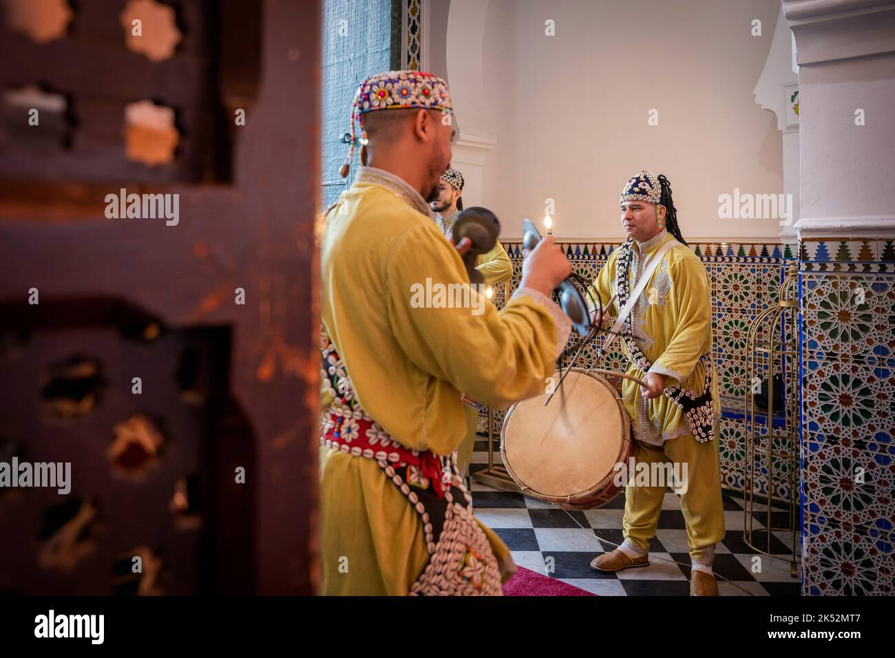 Morocco, Tanger-Tetouan region, Tangier, musicians in traditional ...