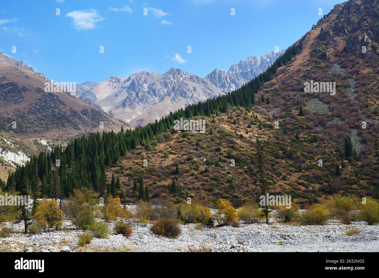 Ak Sai valley autumn landscape. Stone run and view on high snow covered peaks of Tian Shan ...