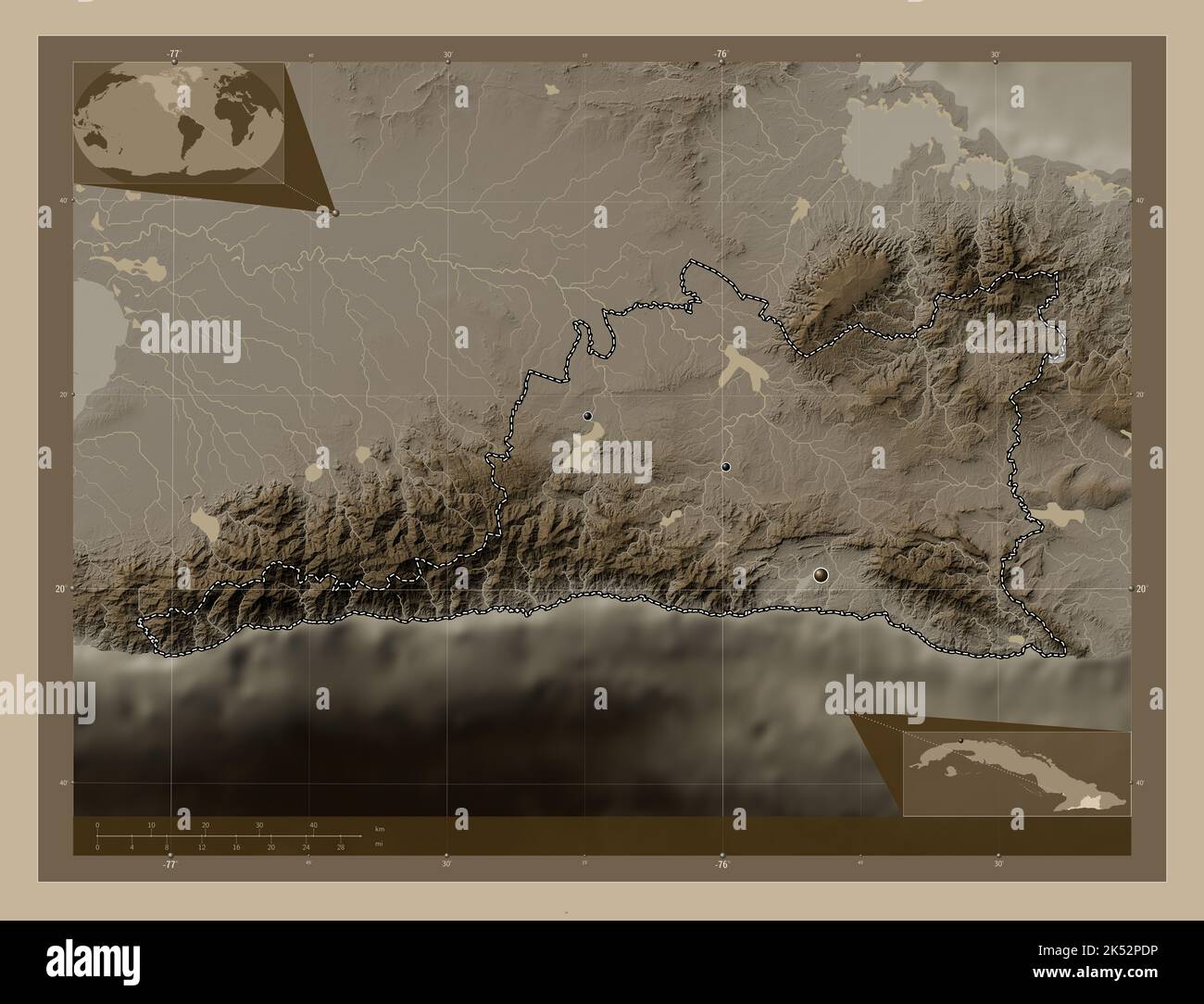 Santiago de Cuba, province of Cuba. Elevation map colored in sepia ...
