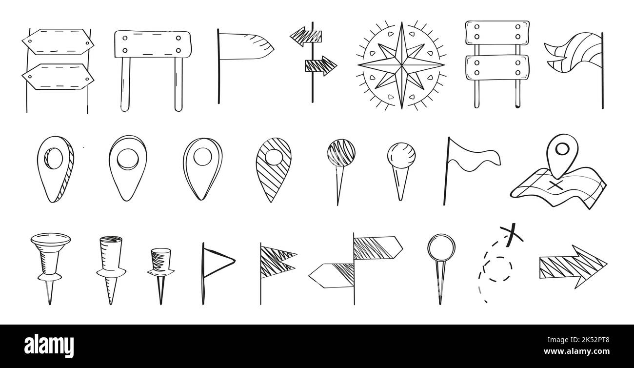Map pins sign vector set. Hand drawn location icon in doodle syle. Sketch flag vector set ...