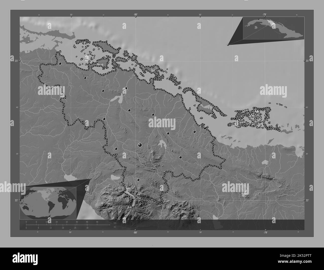Villa Clara, province of Cuba. Bilevel elevation map with lakes and ...