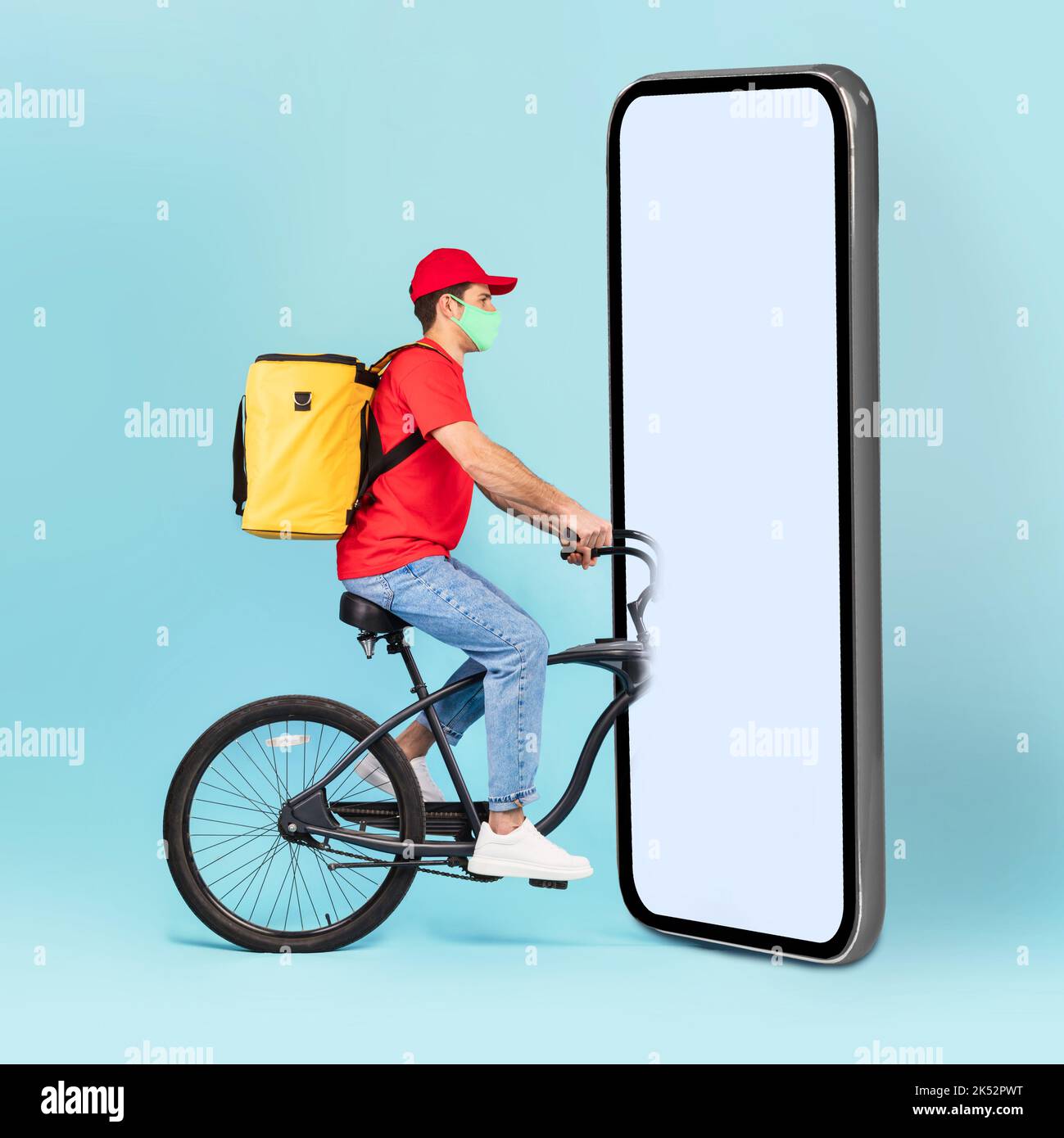 Courier On Bike Riding Into Huge Cellphone Screen, Blue Background ...