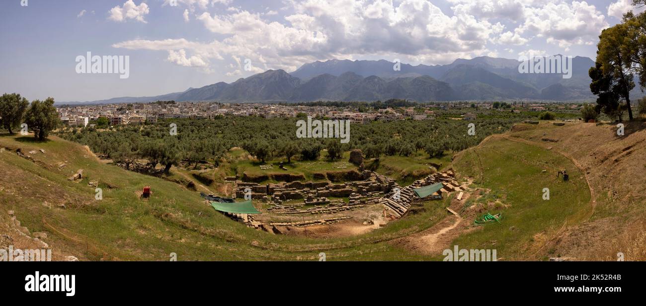 Greece, Peloponnese, Laconia, Sparta, amphitheater and the city in the ...