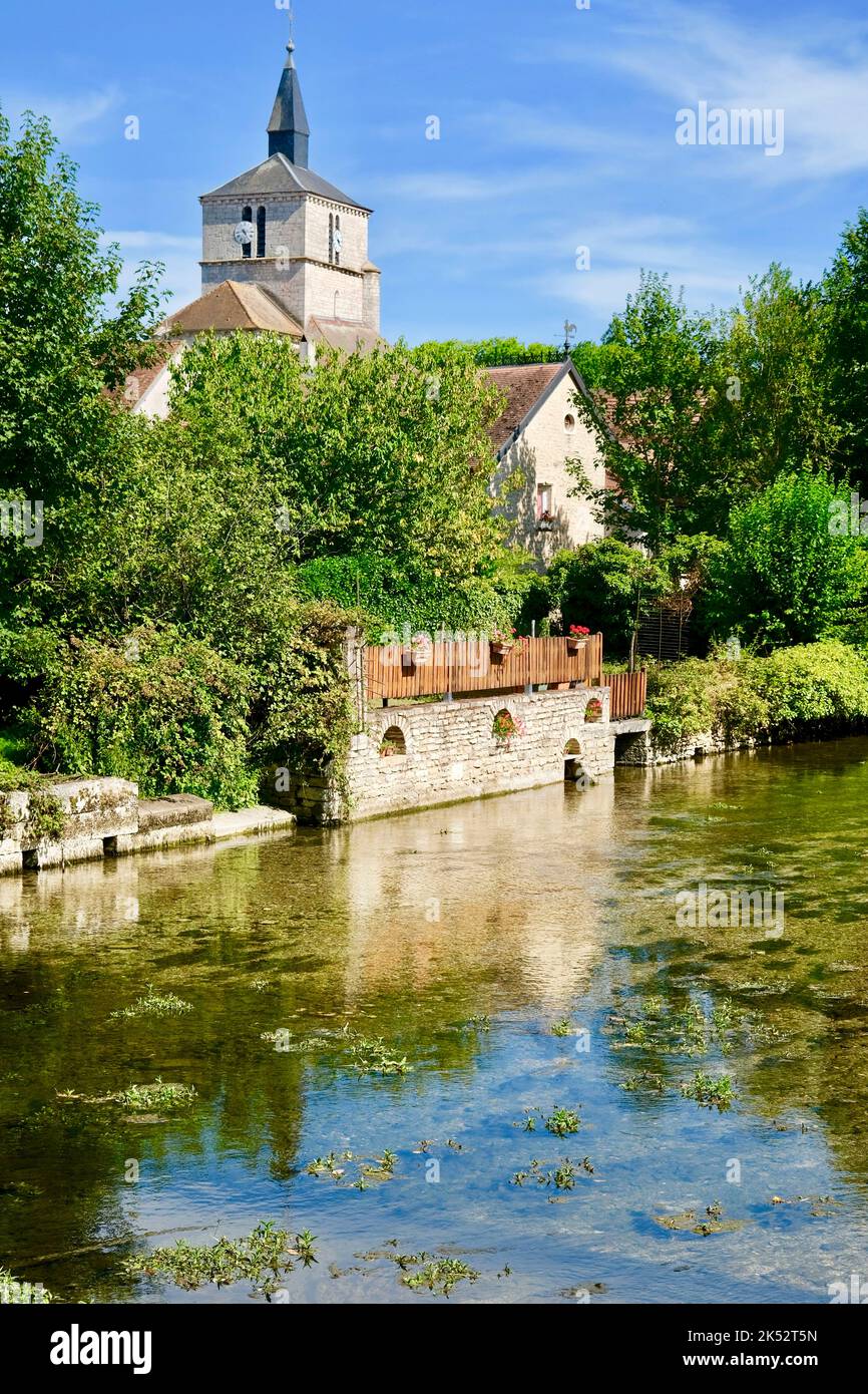 France, Cote d'Or, Beze, the Beze river and the bell tower of the Saint ...