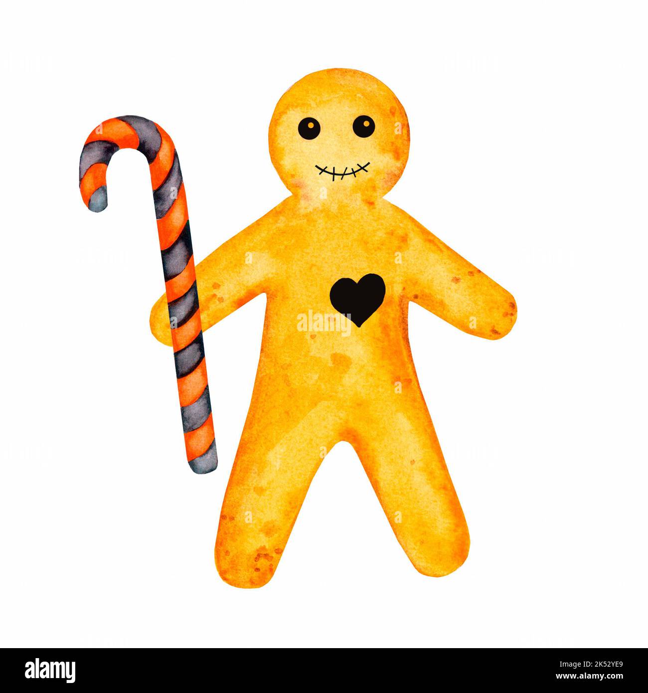 Gingerbread man with a sugar cane. Sweets for Halloween. Watercolor ...