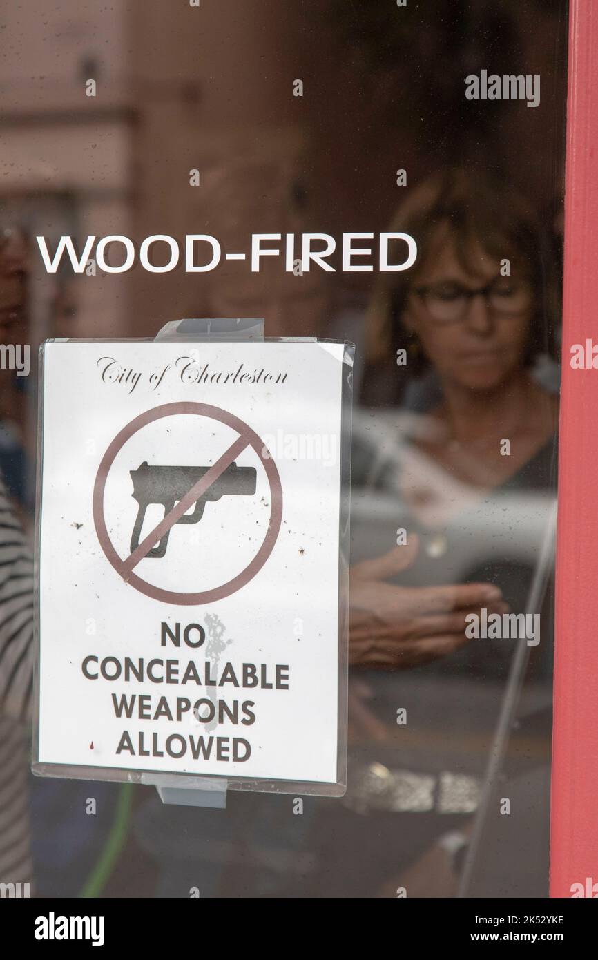 United States, South Carolina, Charleston, prohibition of firearms sign ...