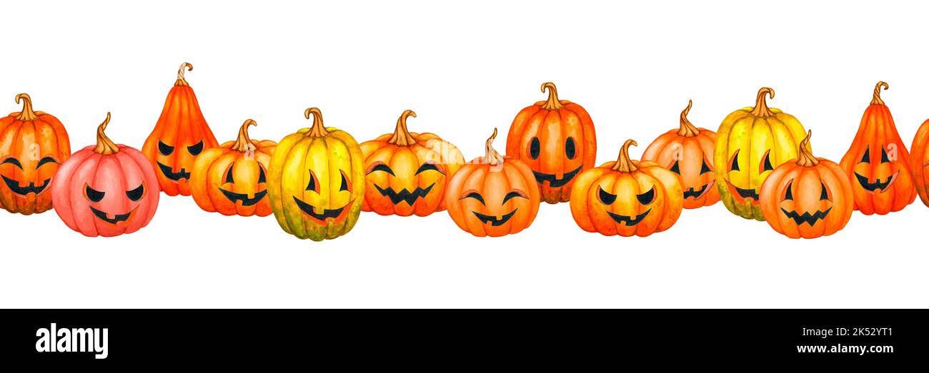 Horizontal seamless border with pumpkins. Watercolor composition ...