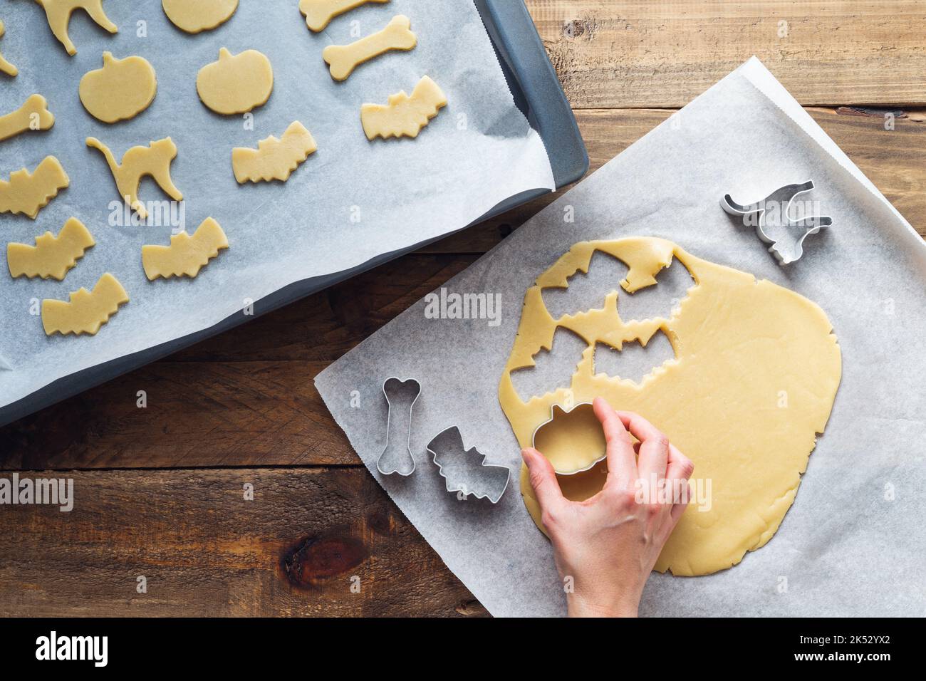 Cookies in different shapes ready to bake for Halloween. Copy space ...
