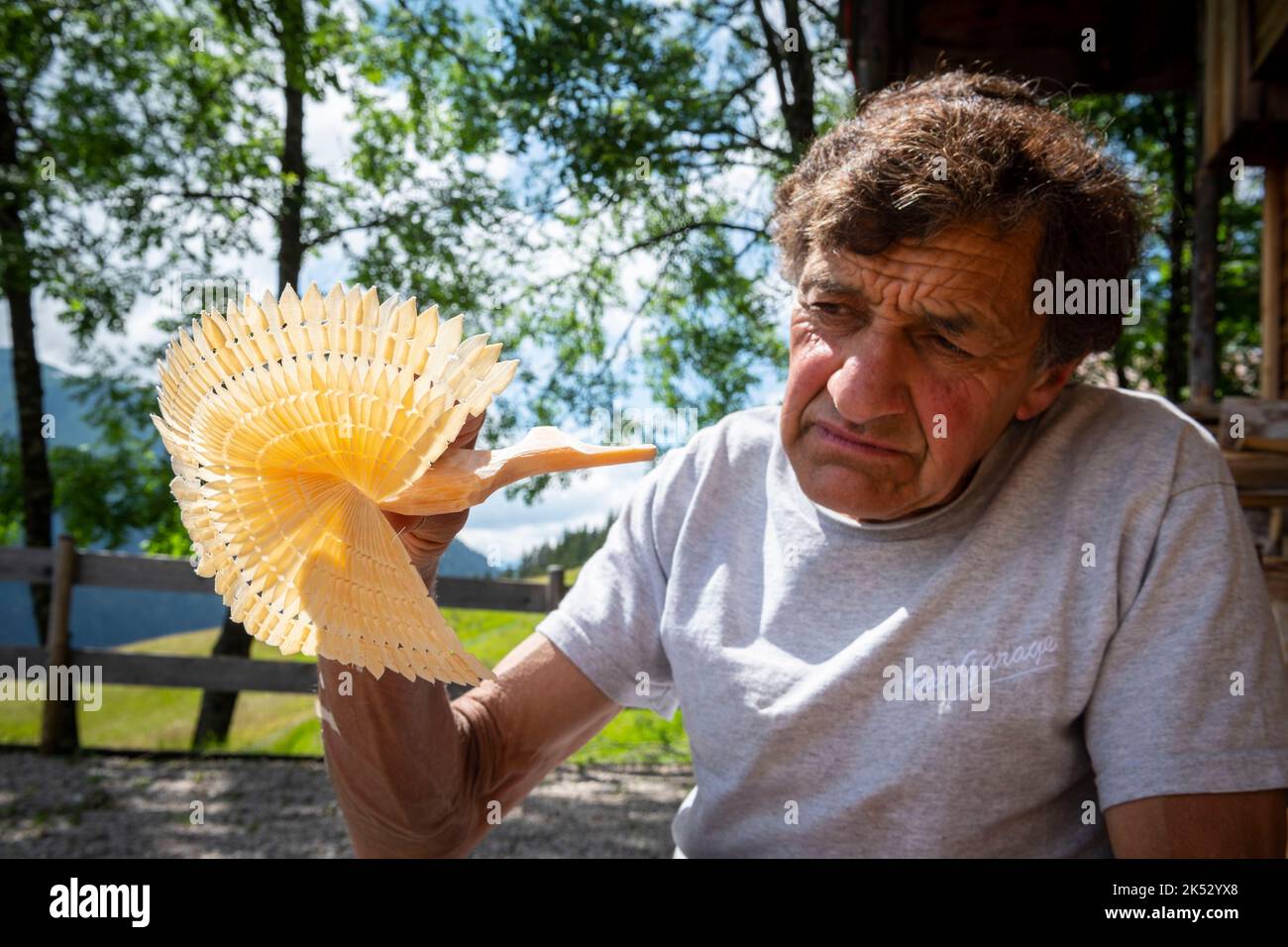 France, Haute Savoie, Chablais massif, Chatel, Mr Jean Pierre David, sculptor of a traditional ...