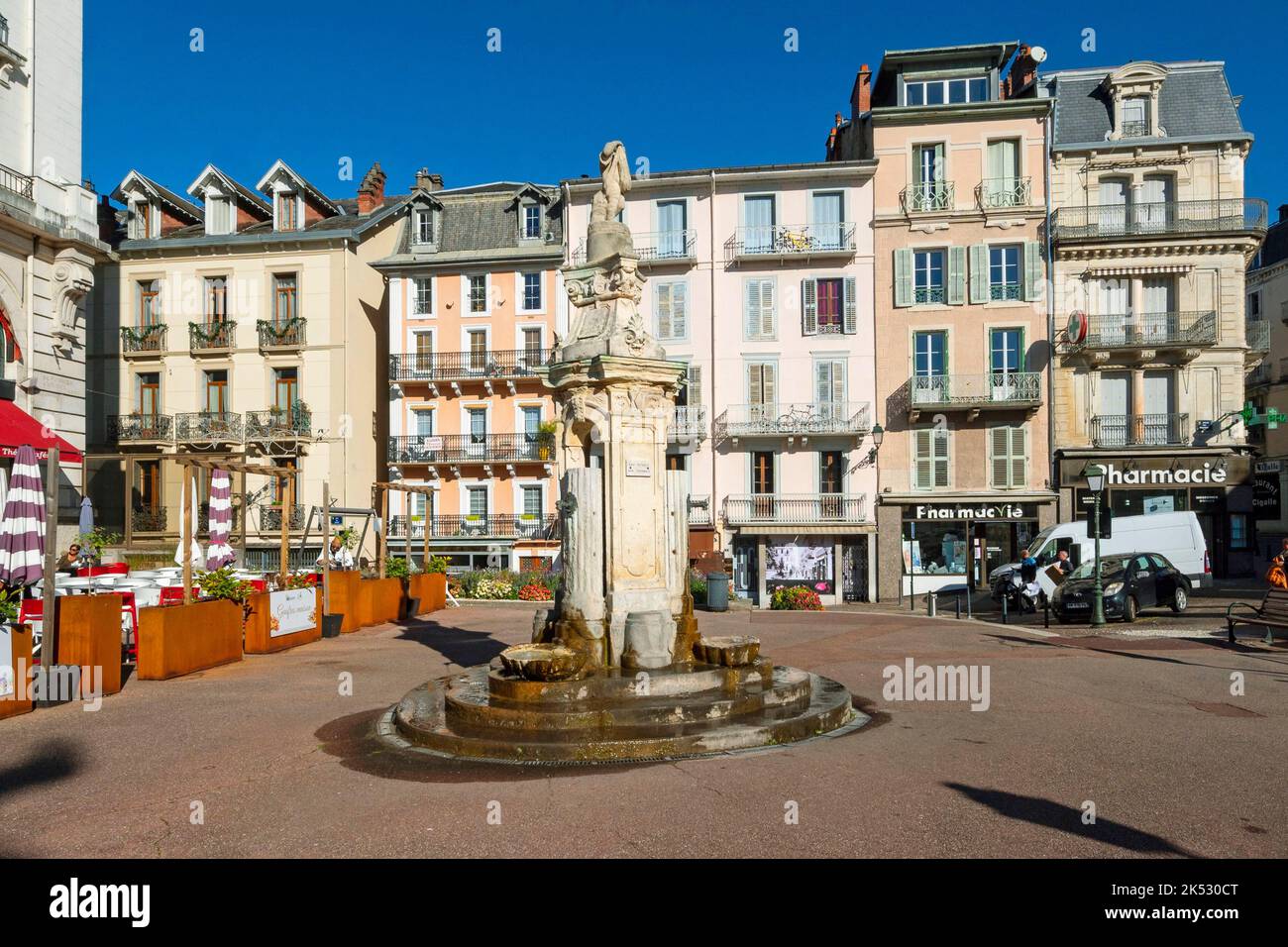France, Savoie, Aix les Bains, Place Carnot and its water fountain ...