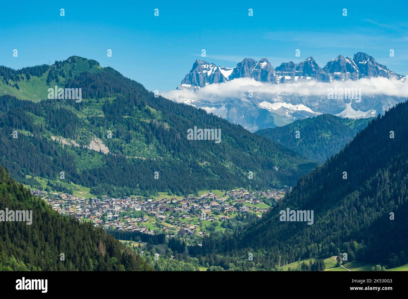 France, Haute Savoie, Chablais massif, geopark, Chatel, the village at ...