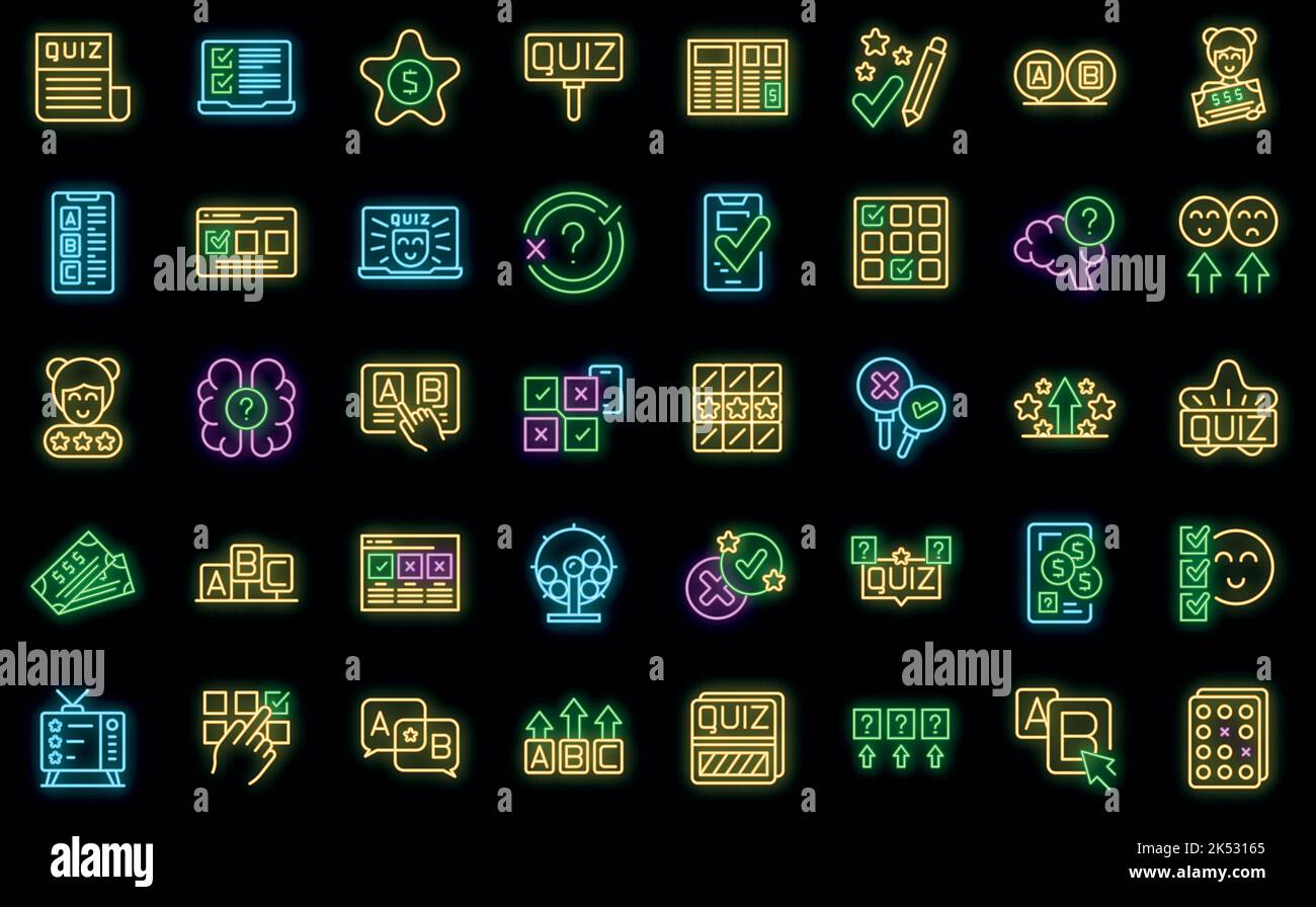 Quiz icons set outline vector. Bubble poll. Exam trivia vector neon ...