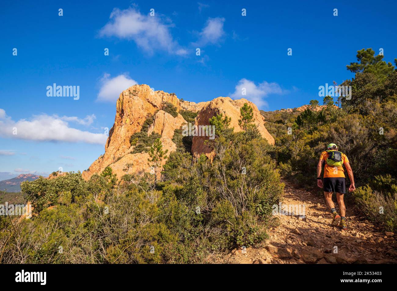 France, Var, Agay town of Saint-Raphaël, Estérel massif, hiker at the ...