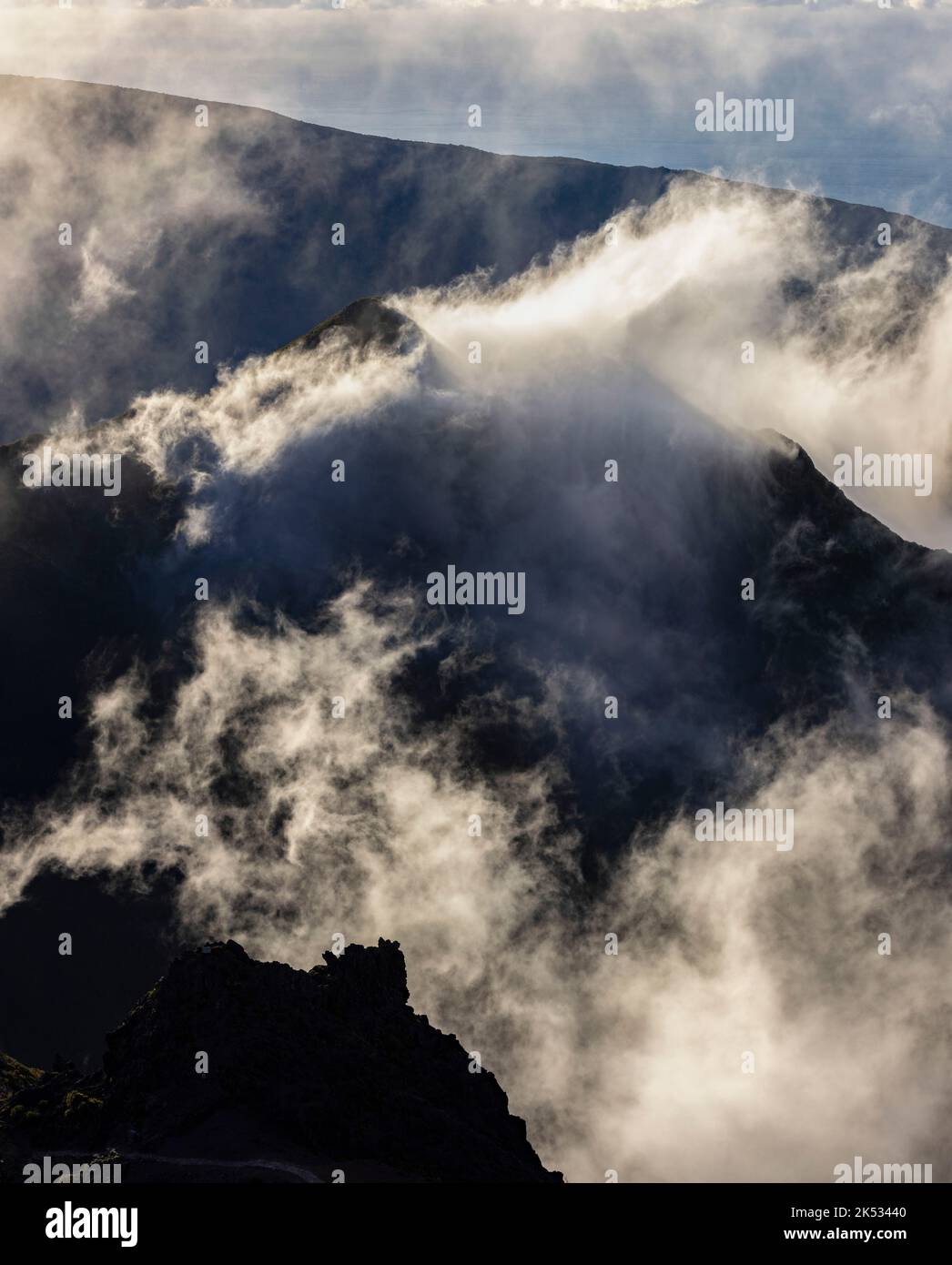Portugal, Madeira Island, summit of Pico Ruivo, seen on the peaks of ...