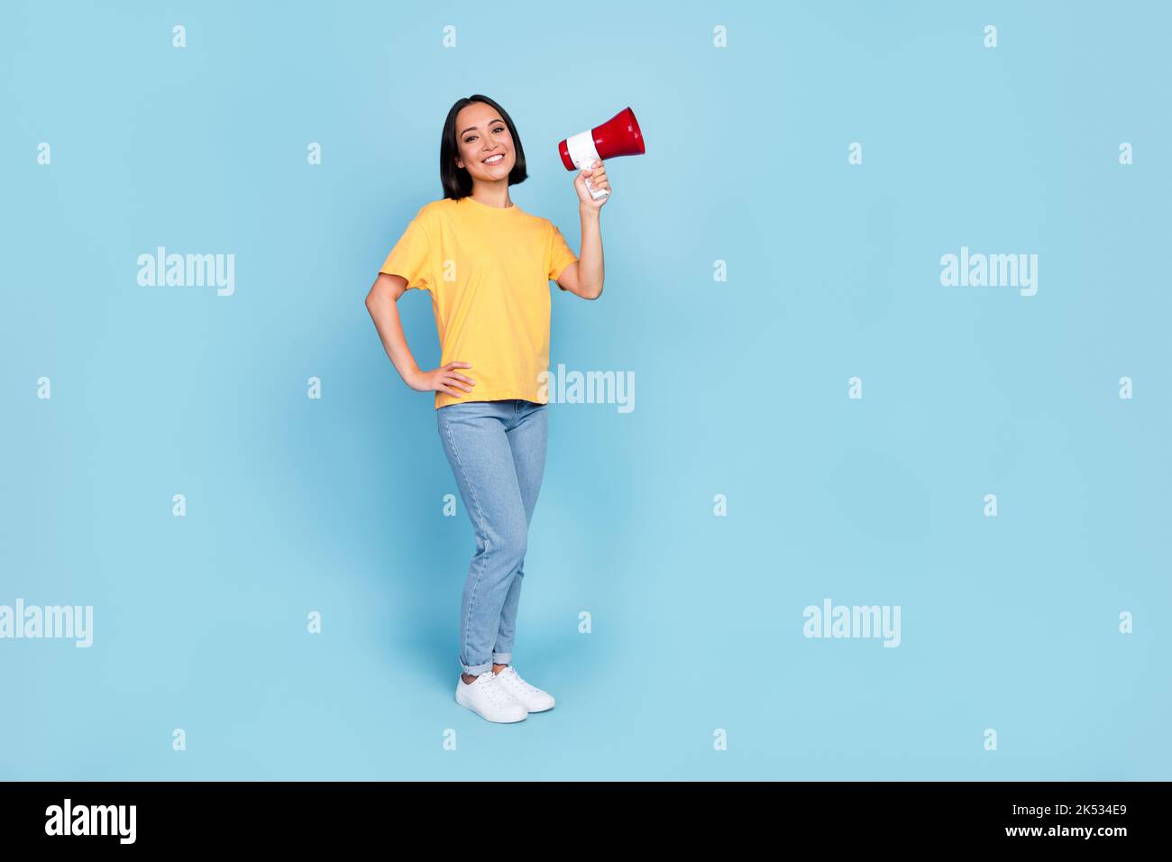 Full size photo of cute young woman japanese hold loudspeaker activist ...