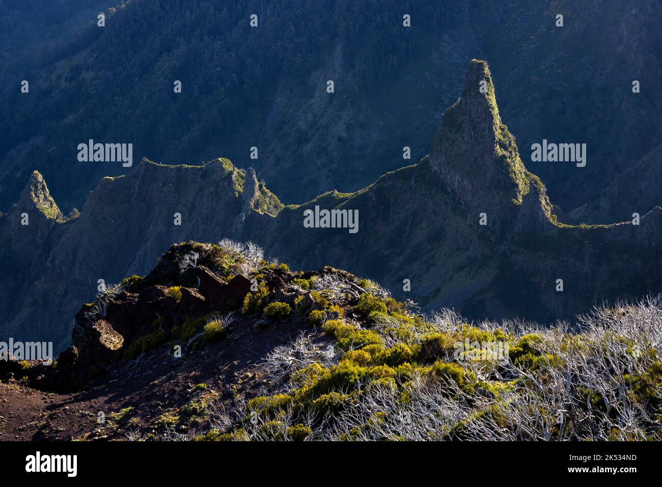 Portugal, Madeira Island, summit of Pico Ruivo, seen on the peaks of ...