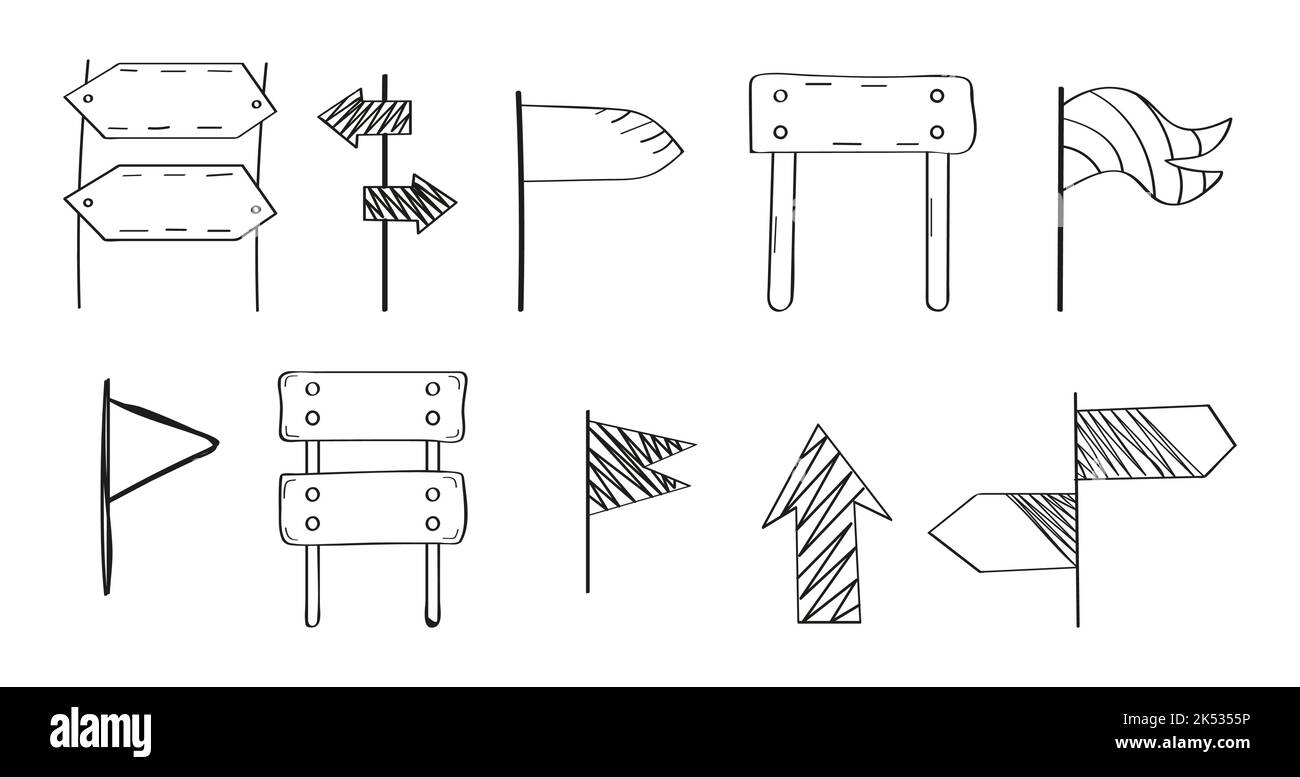 Hand drawn doodle flag vector set. Marker black pointer. Road signs ...