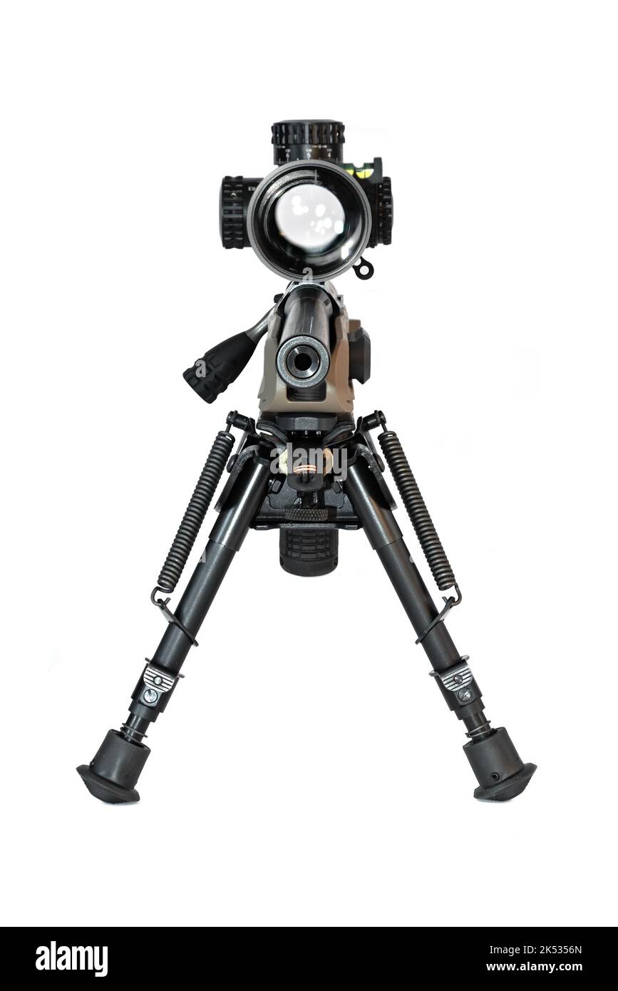 A sniper rifle with an optical sight under the bipod front view full ...