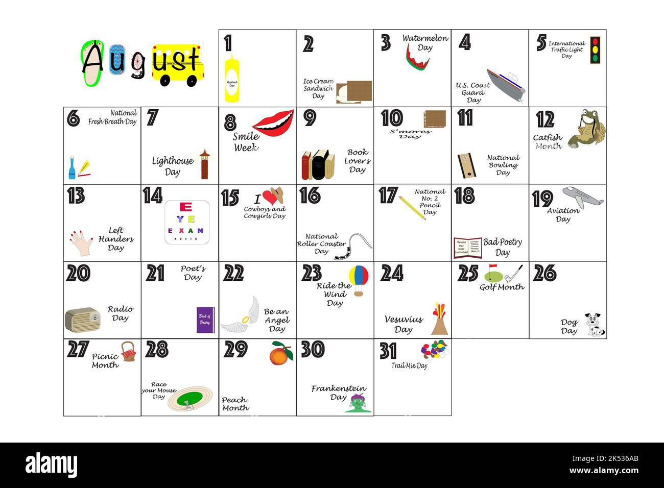 August 2023 calendar illustrated with daily Quirky Holidays and Unusual ... August 2023 calendar illustrated with daily Quirky Holidays and Unusual ...