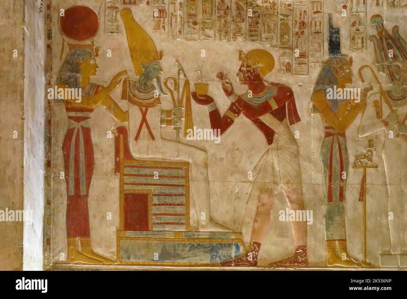 Egypt, Middle Egypt, Nile Valley, Abydos, temple of Seti 1, low reliefs ...