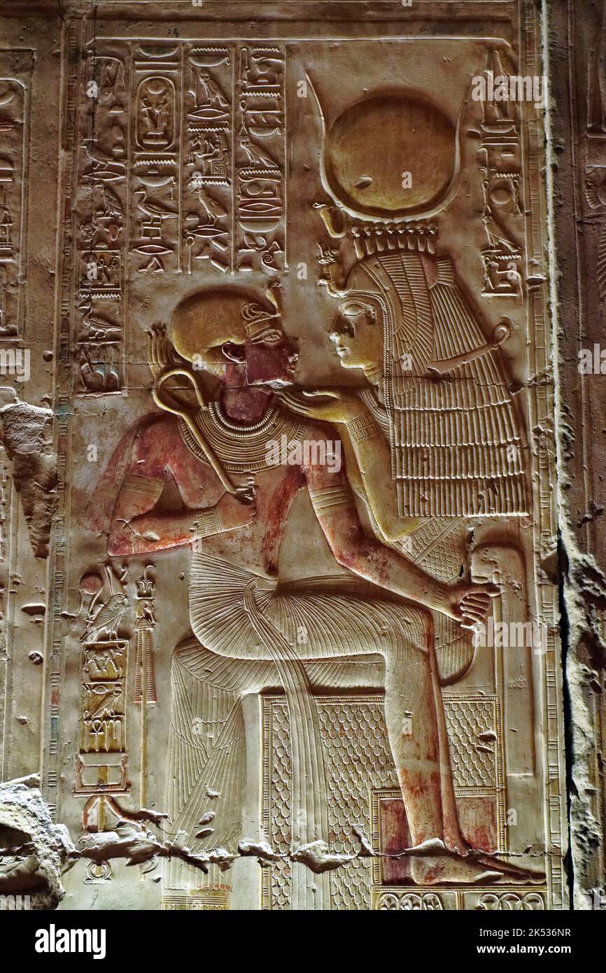 Egypt, Middle Egypt, Nile Valley, Abydos, temple of Seti 1, low relief ...