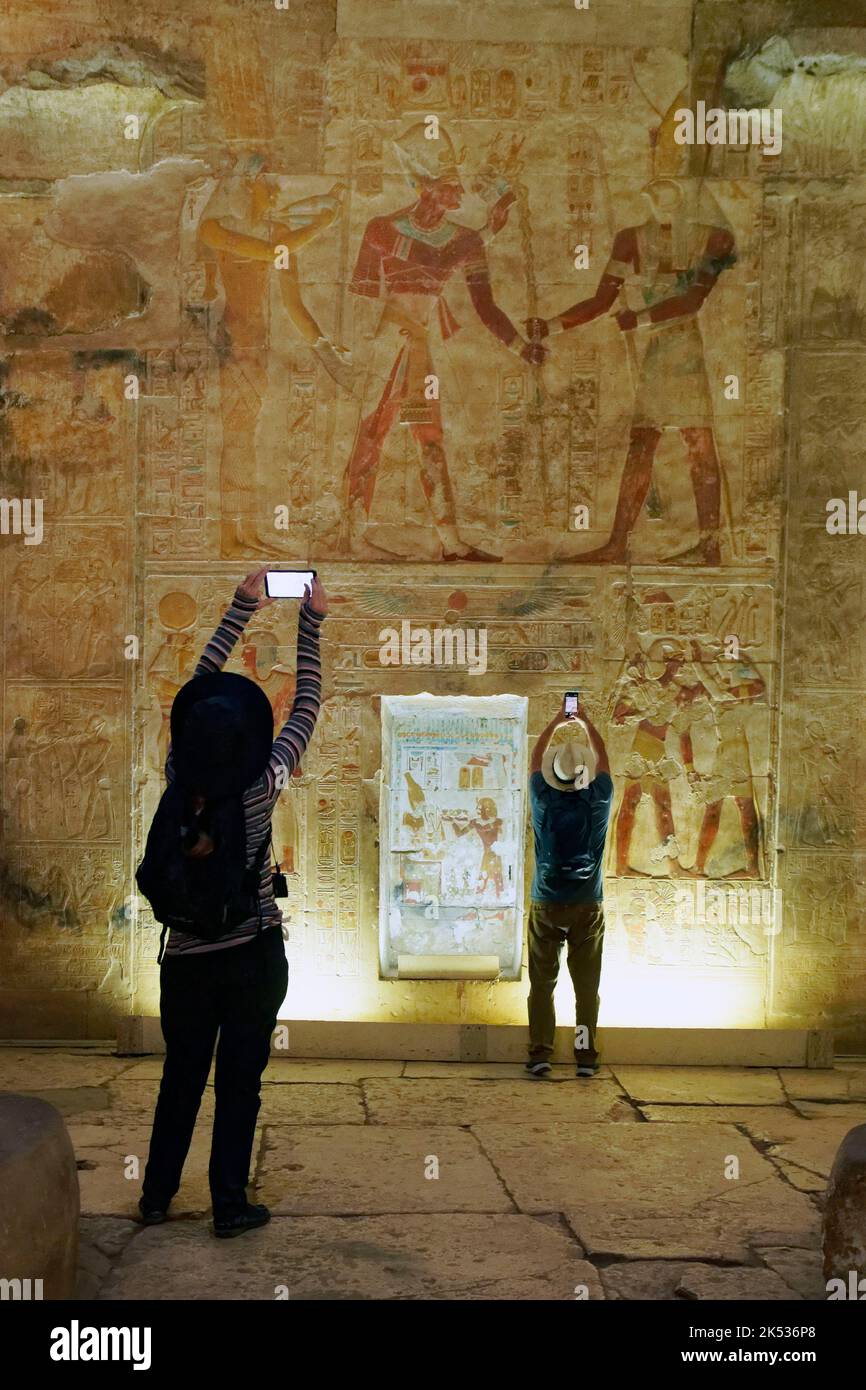 Egypt, Middle Egypt, Nile Valley, Abydos, temple of Seti 1, low reliefs ...