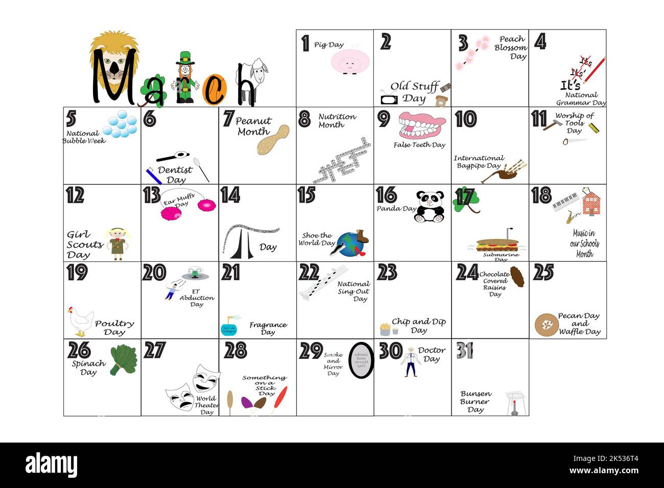 March 2023 calendar illustrated with daily Quirky Holidays and Unusual ...