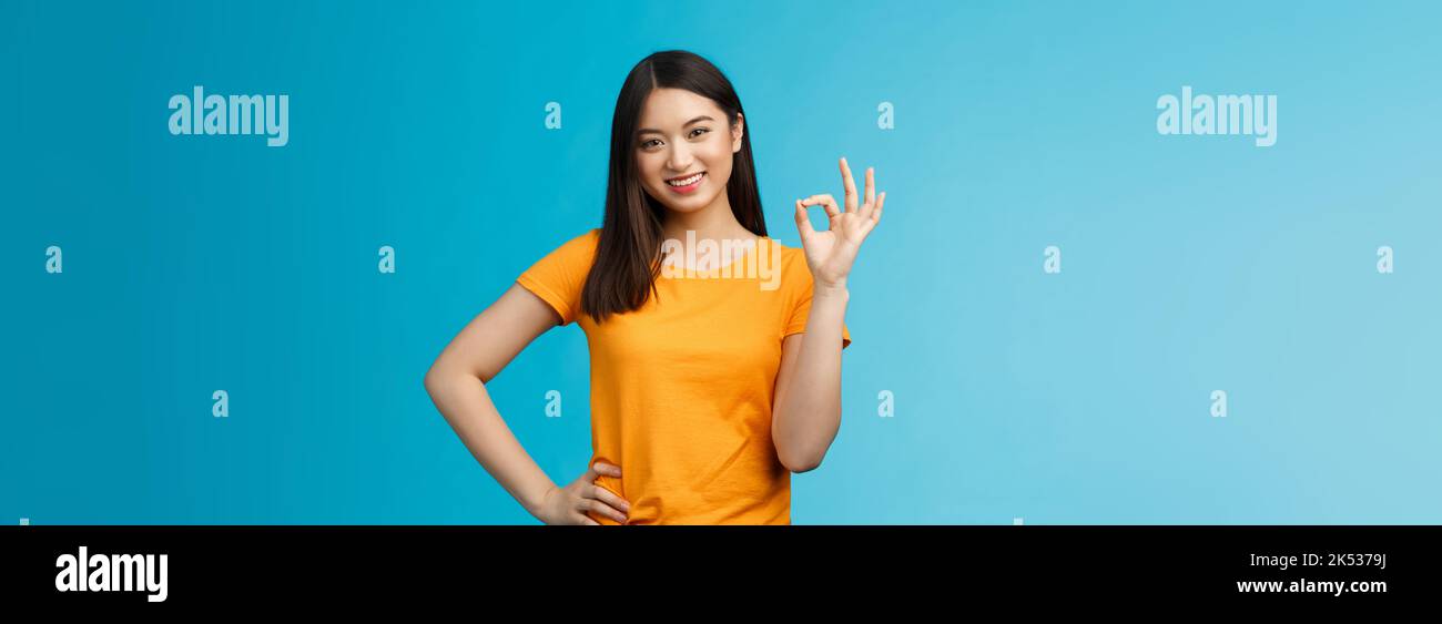 Cheerful motivated charismatic asian girl, show okay sign assured ...