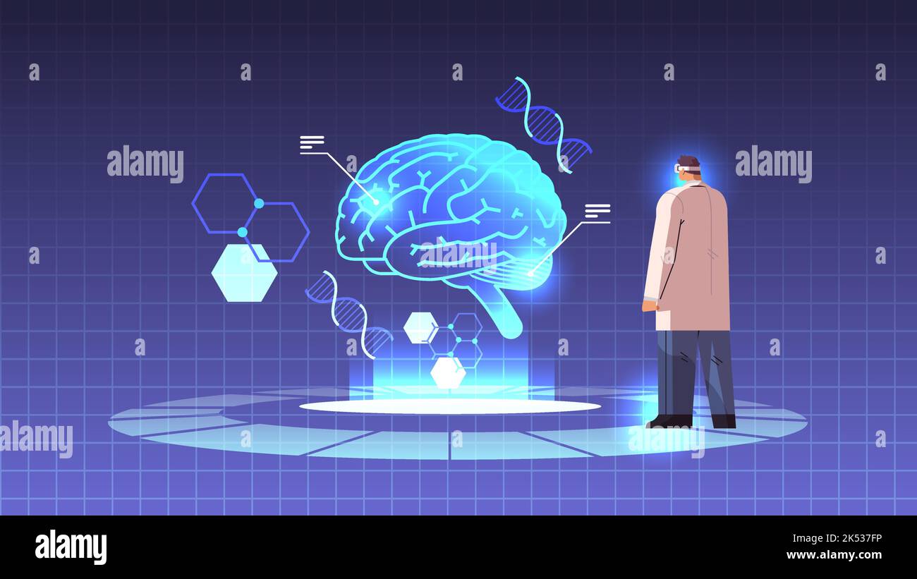 doctor in digital glasses looking at virtual detailed explanation ...