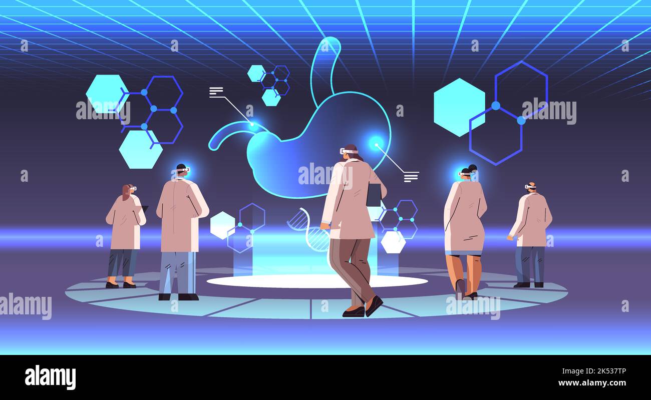 doctors in digital glasses looking at virtual detailed explanation ...