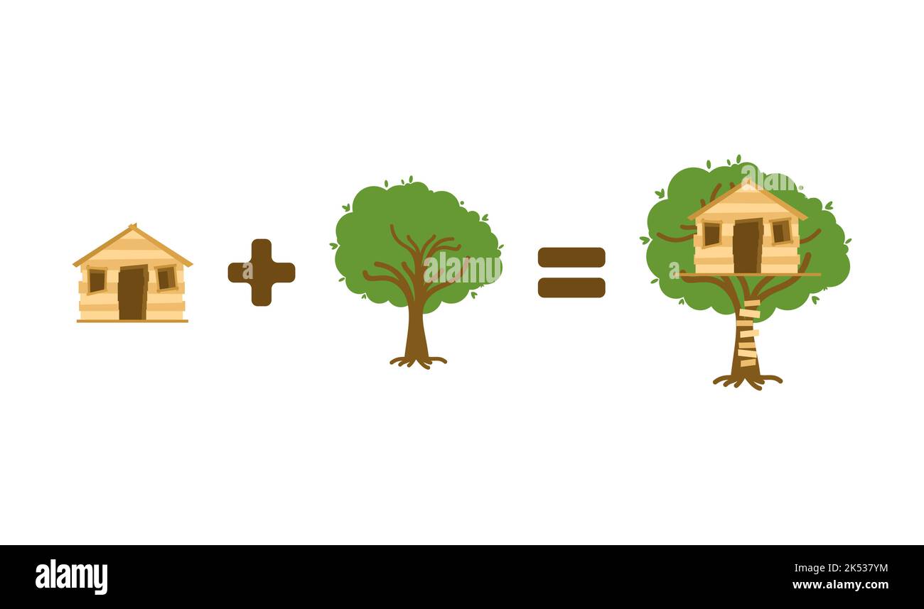 Tree plus house equals tree house. Children's treehouse. Vector ...