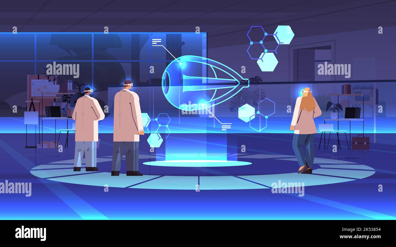 doctors in digital glasses looking at virtual detailed explanation ...