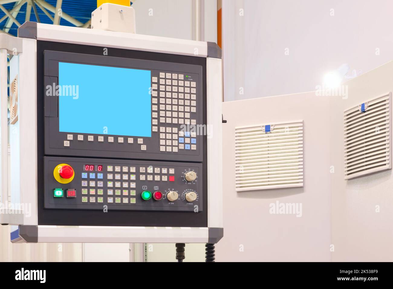 Console with touch screen industrial control panel on production plant ...