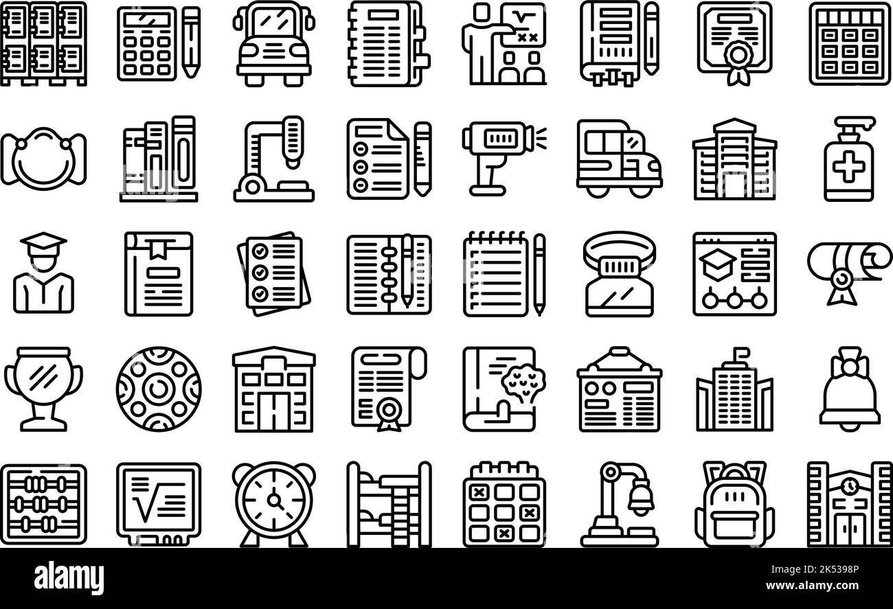 School reopening icons set outline vector. Study class. Family health ...