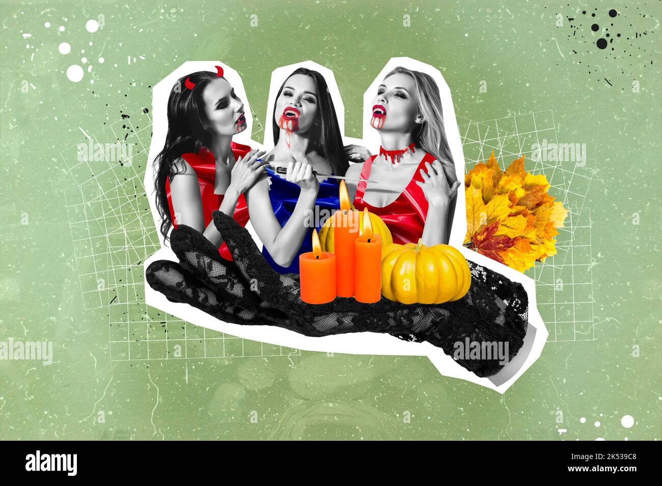 Composite collage image of arm hold mini terrifying three vampire evil ...