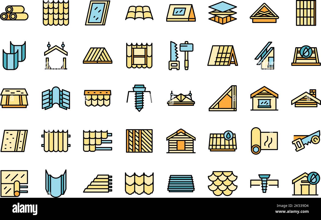 Install the roof icons set outline vector. Safety builder. Home construction thin line color ...