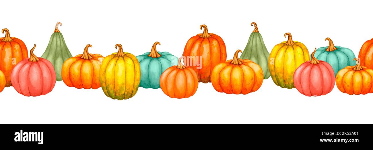 Horizontal seamless border with colorful pumpkins. Watercolor autumn ...