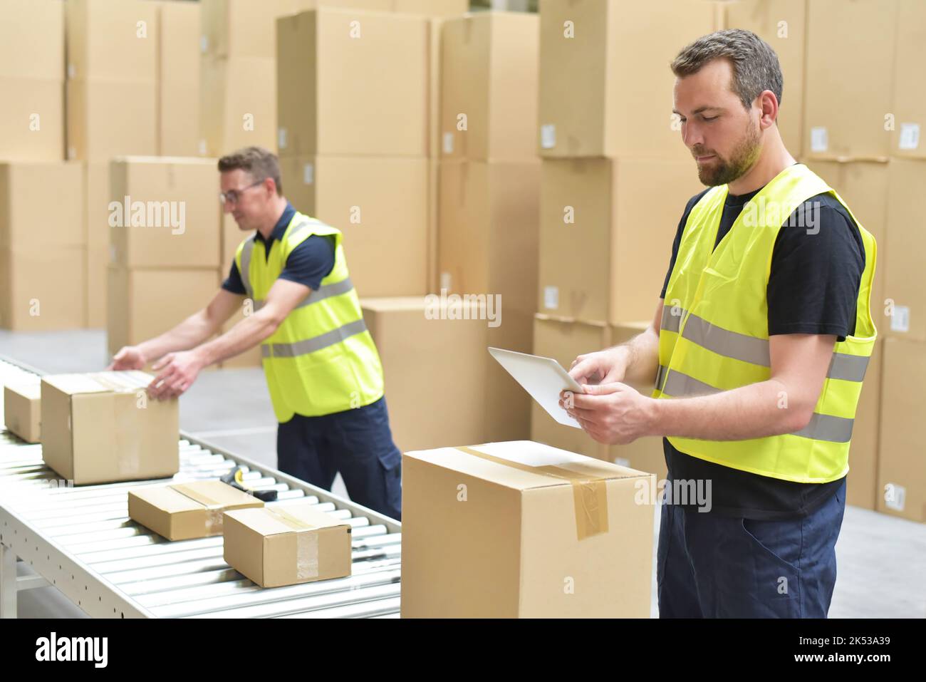 Worker in a warehouse in the logistics sector processing packages on ...