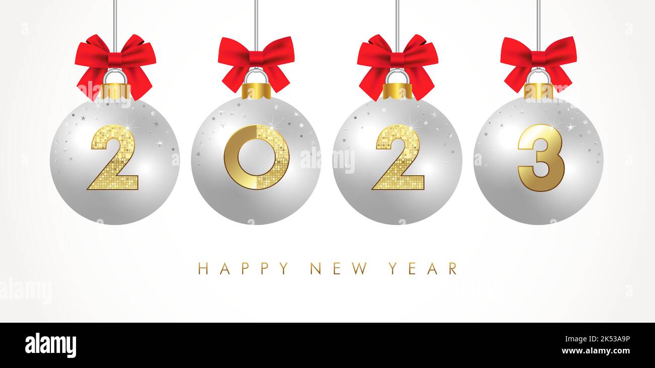 Happy New Year 2023 silver Christmas balls with red bows. Creative ...