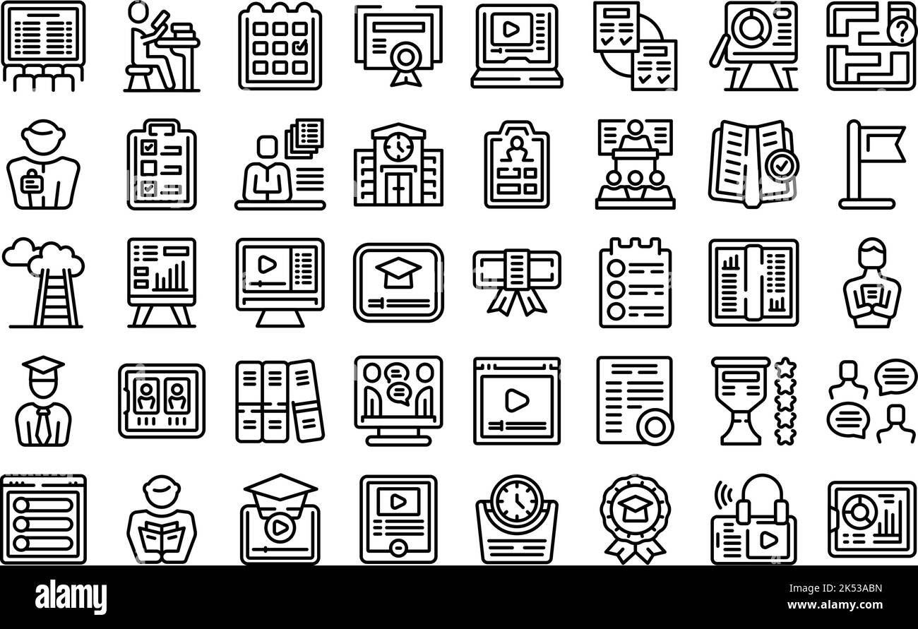 Professional development of teachers icons set outline vector. Webinar ...
