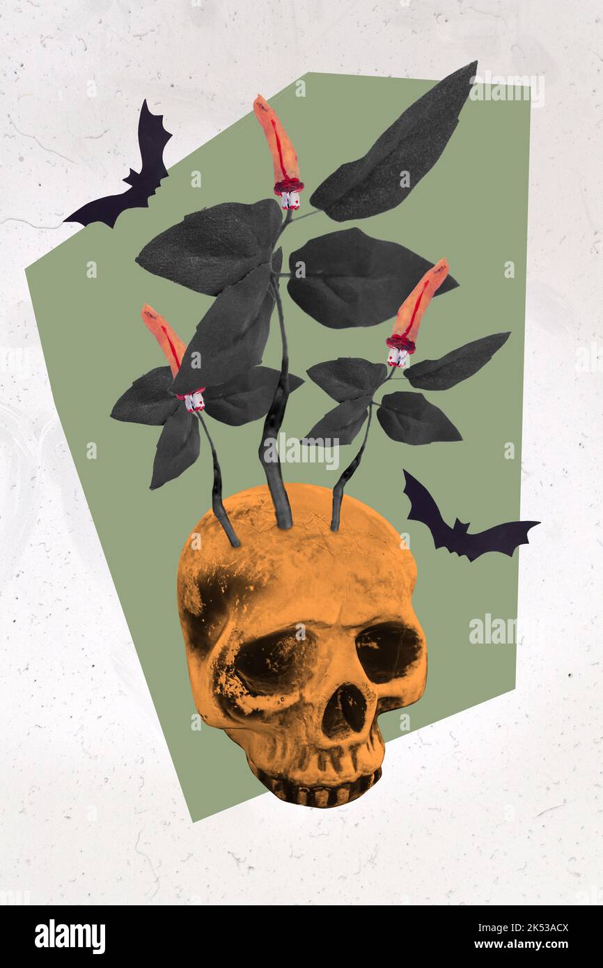 Creative abstract template collage of old skull dead zombie halloween ...