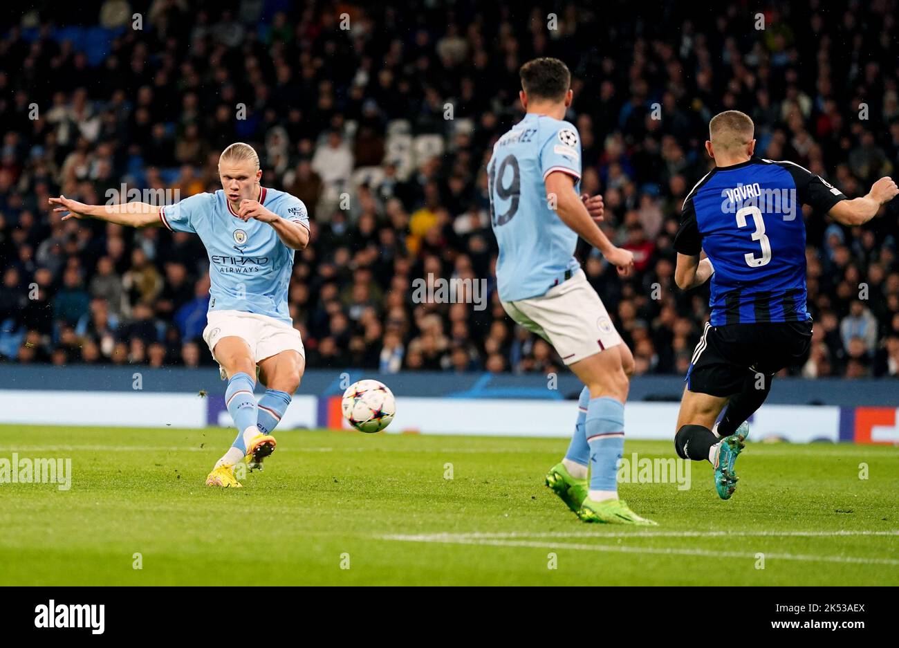 Manchester City's Erling Haaland scores the opening goal during the ...