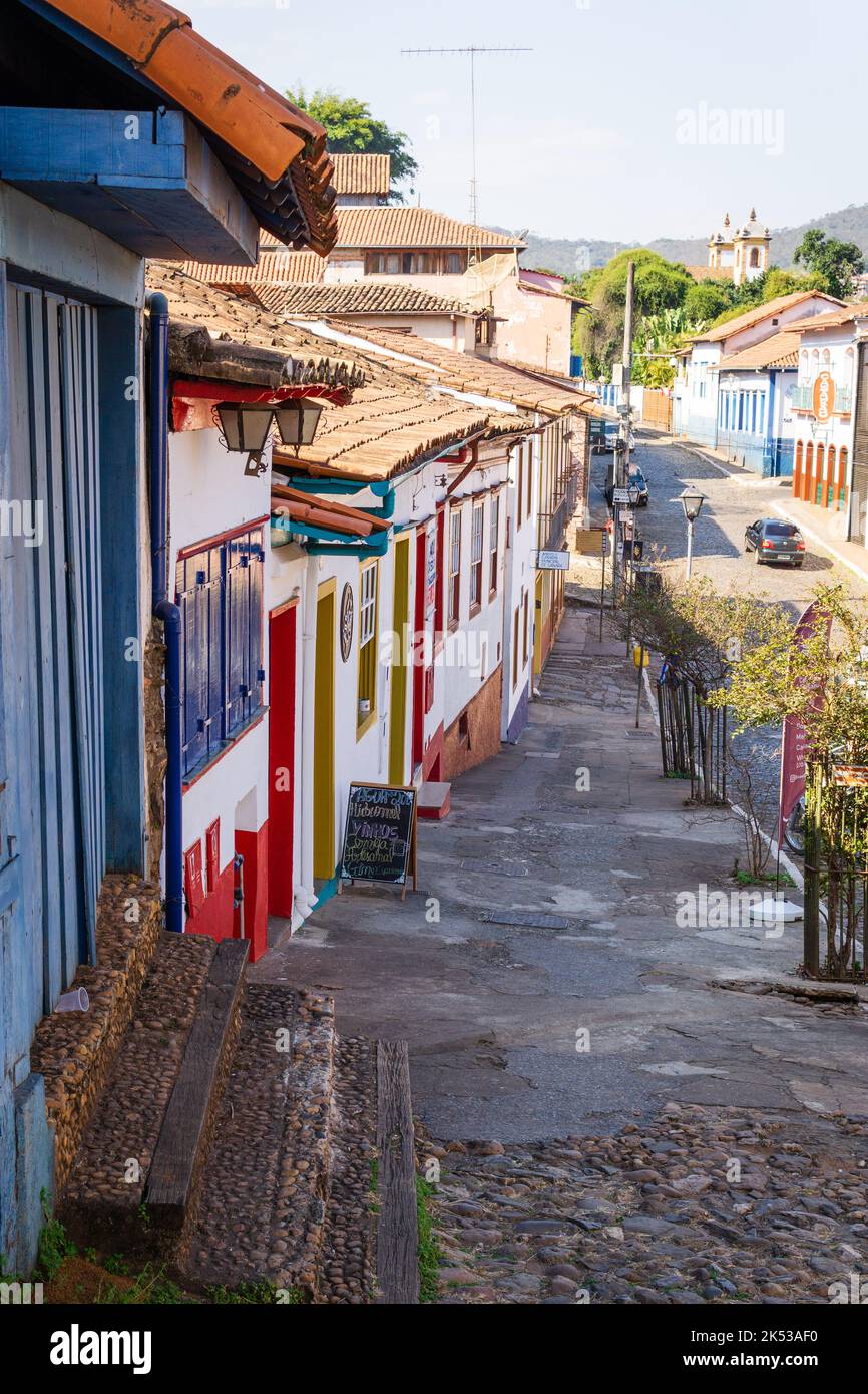 Downhill view of empty street in Sabará, Minas Gerais, Brazil Stock ...