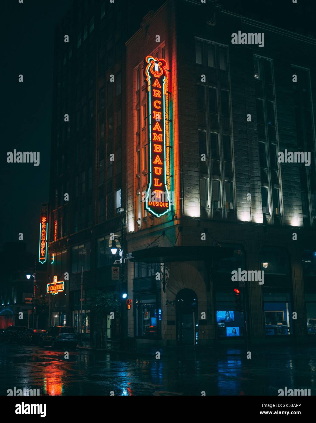 Archambault music store neon sign at night, Ville-Marie, Québec, Canada ...
