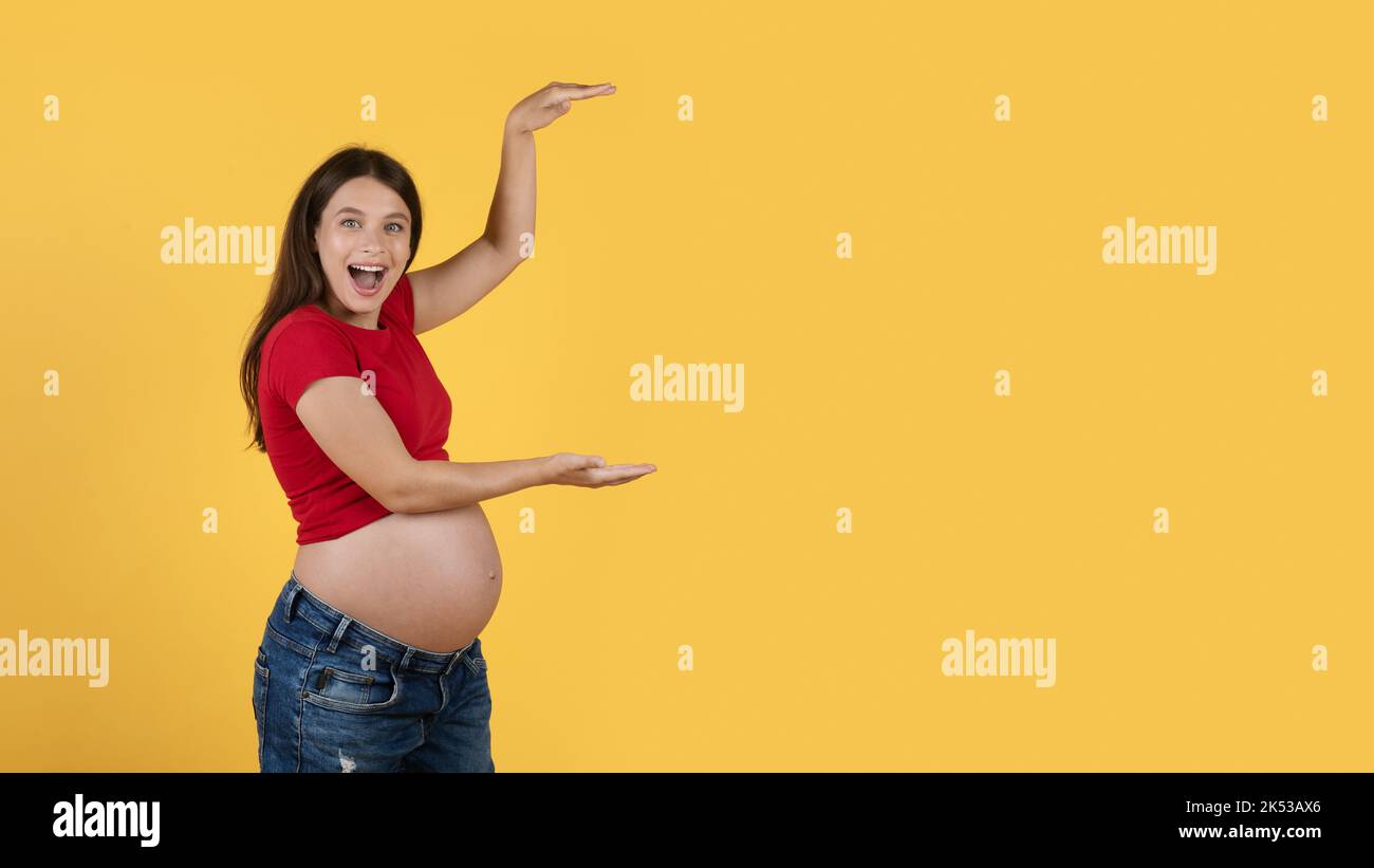 Cheerful Pregnant Woman Holding Invisible Object With Two Hands Stock ...